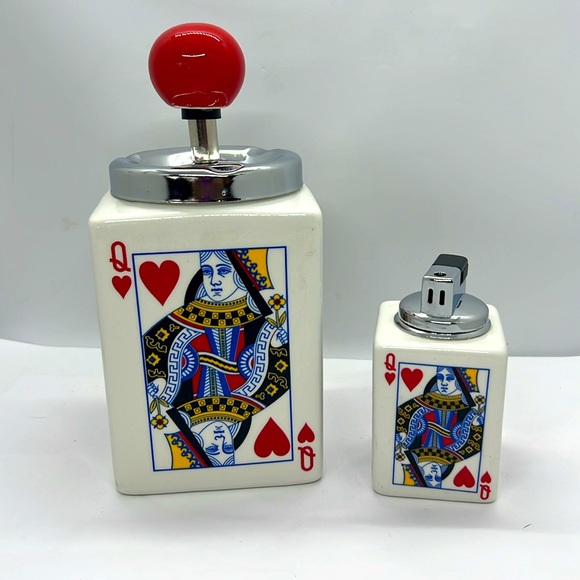 Other | Vintage Spinner Plunger Ceramic Playing Card Ashtray Lighter ...
